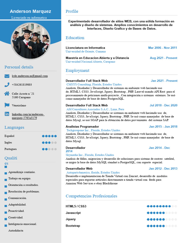 Resume Anderson Marquez | PDF | Mi sql | Php