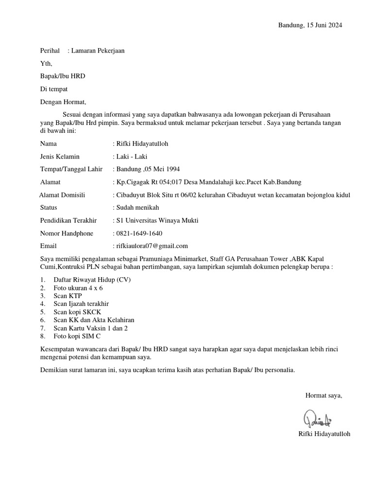 Lamaran Kerja Rifki Hidayatulloh | PDF