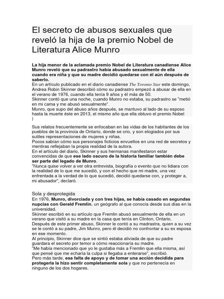 El secreto de abusos sexuales que reveló la hija de la premio Nobel de Literatura Alice Munro | PDF