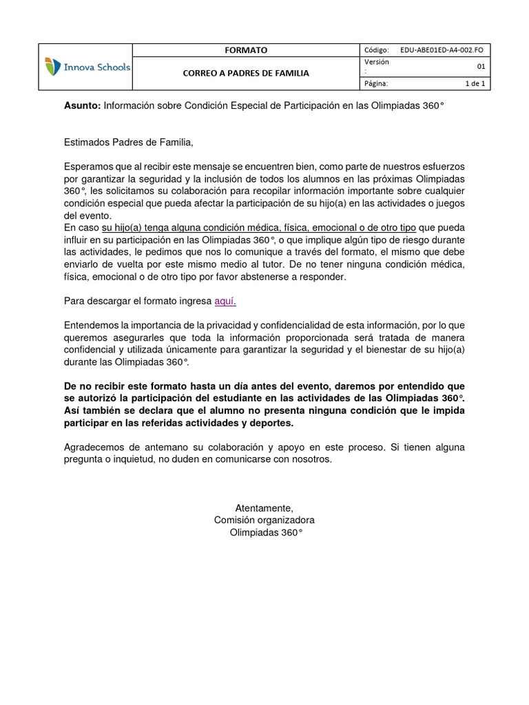 Comunicado Informaci243n de Olimpiadas 2024-1-155521170 | PDF