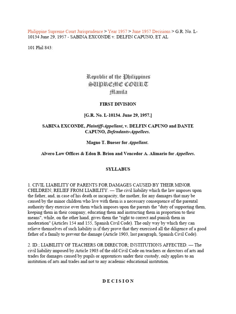 Sabina Exconde v. Delfin Capuno Case Summary | PDF | Tort | Damages