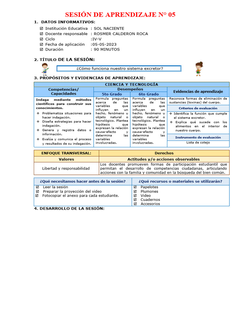 Sesión de Aprendizaje N 05-05-23 Ciencia y Tecnologia | PDF | Riñón | Sistema urinario