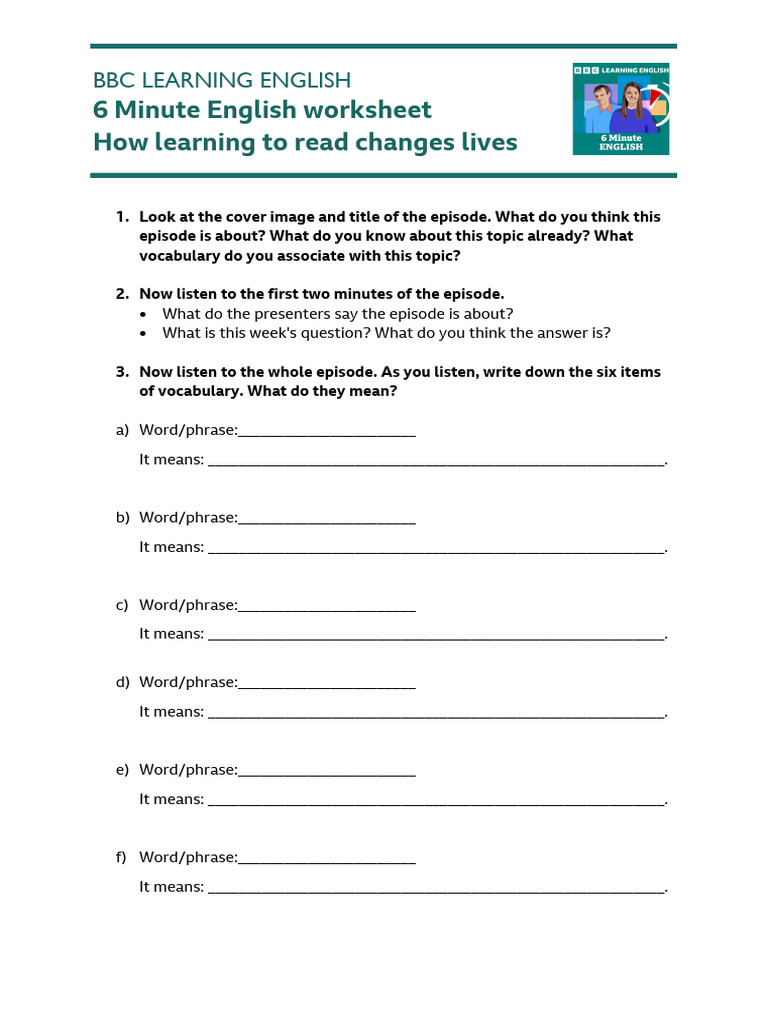 6ME How Learning To Read Changes Lives Worksheet | PDF | Vocabulary ...