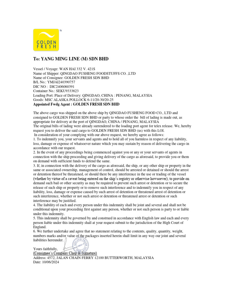Cargo Delivery Authorization Letter | PDF | Bill Of Lading | Indemnity
