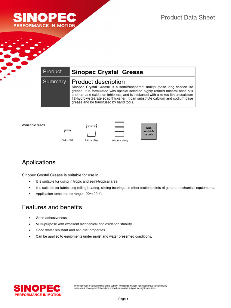 TDS Sinopec Crystal Grease | PDF | Materials | Chemical Substances