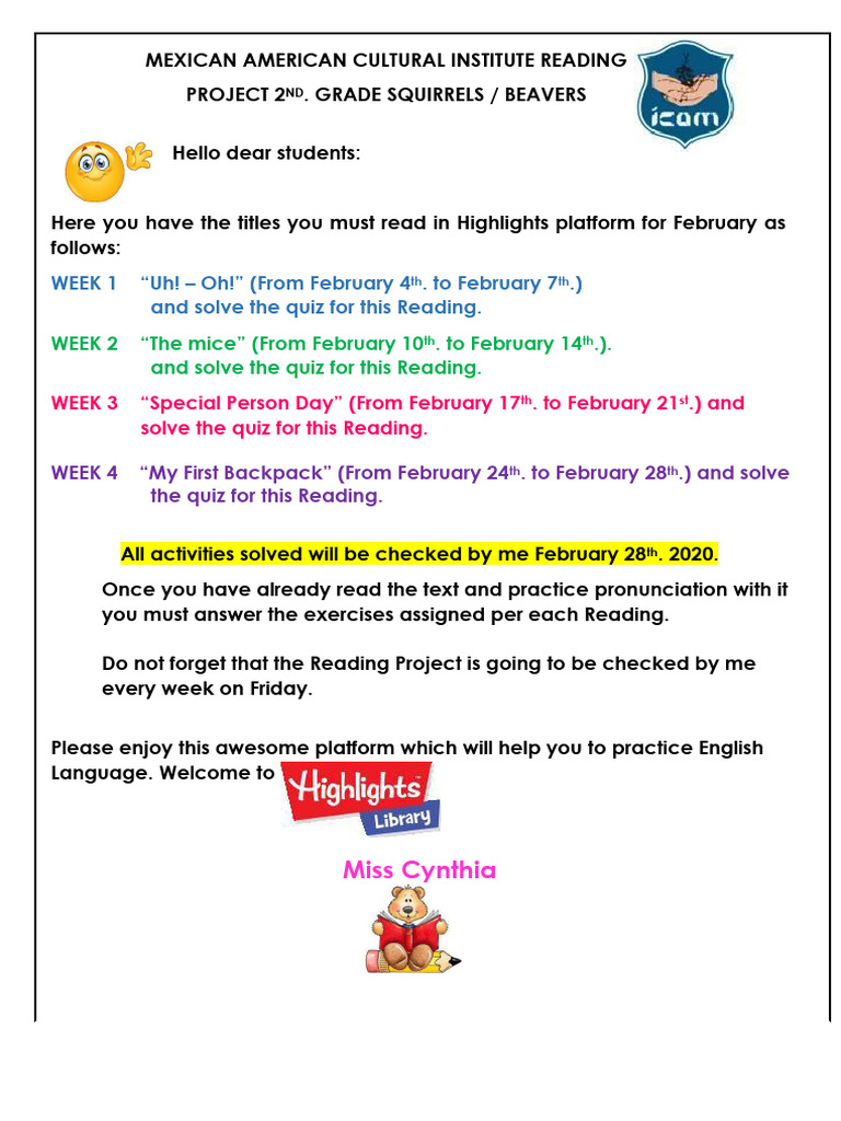 2nd Grade Reading Project Schedule | PDF | Language Arts & Discipline