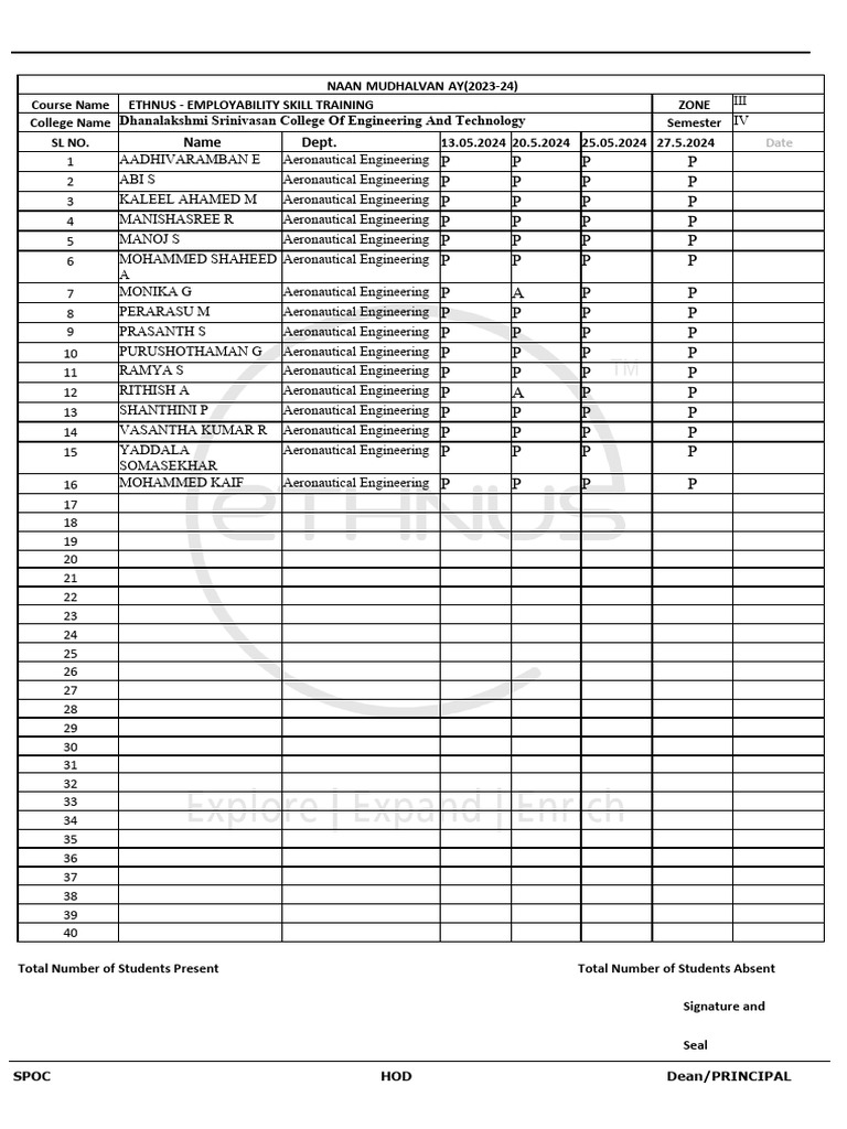 Ethnus - Naan Mudhalvan - Attendance Format | PDF | Engineering
