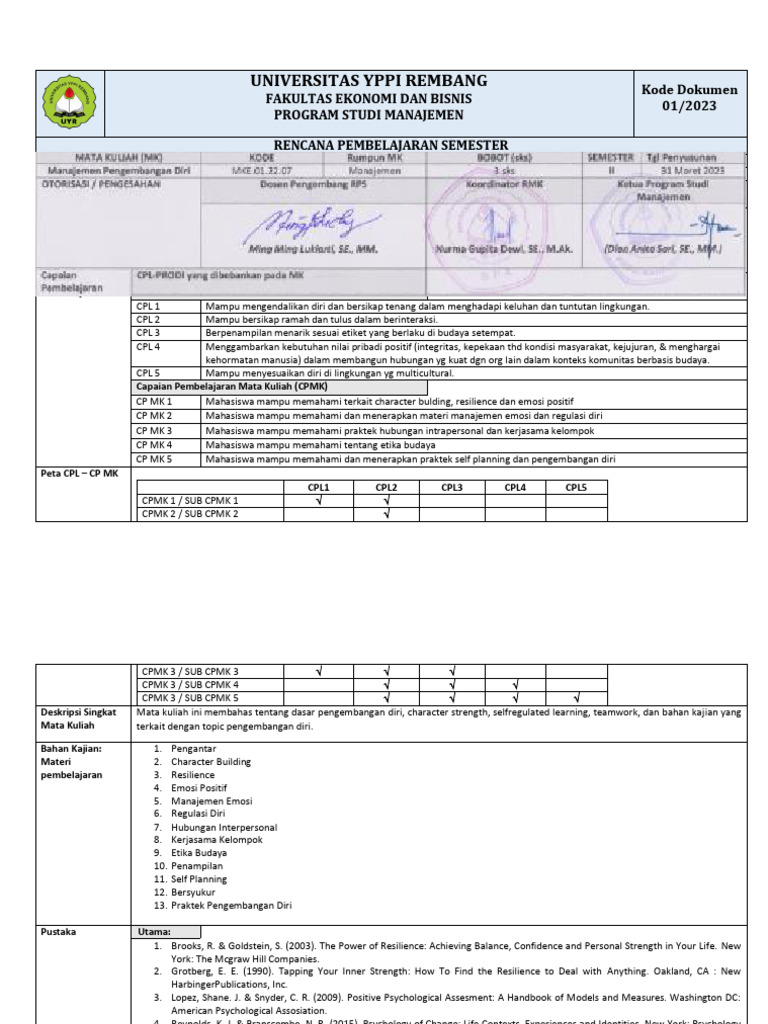 RPS Manajemen Pengembangan Diri | PDF | Karier & Perkembangan ...