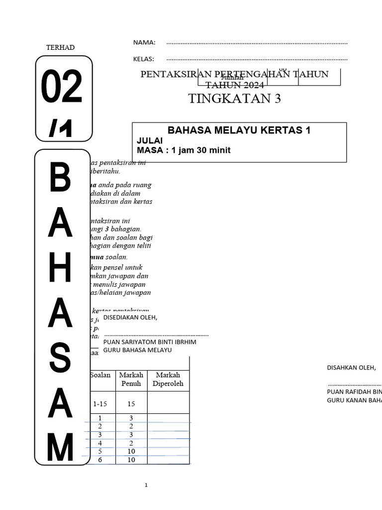 soalan bm upt bm ting 3 2024 | PDF