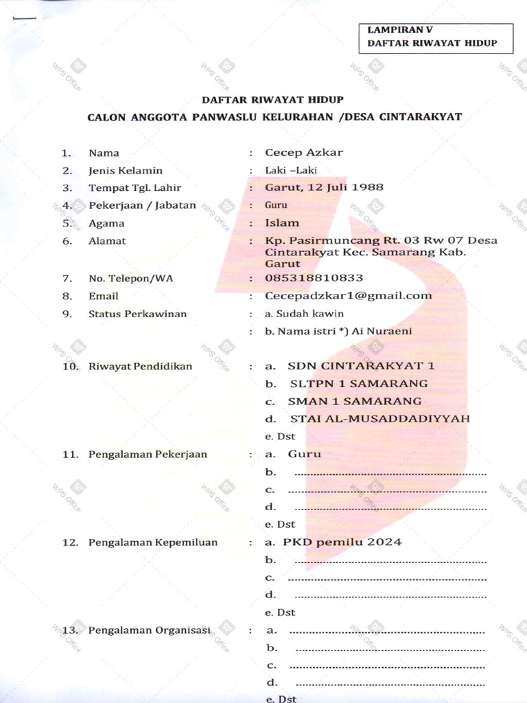 SRT RIWAYAT HIDUP CECEP AZKAR | PDF