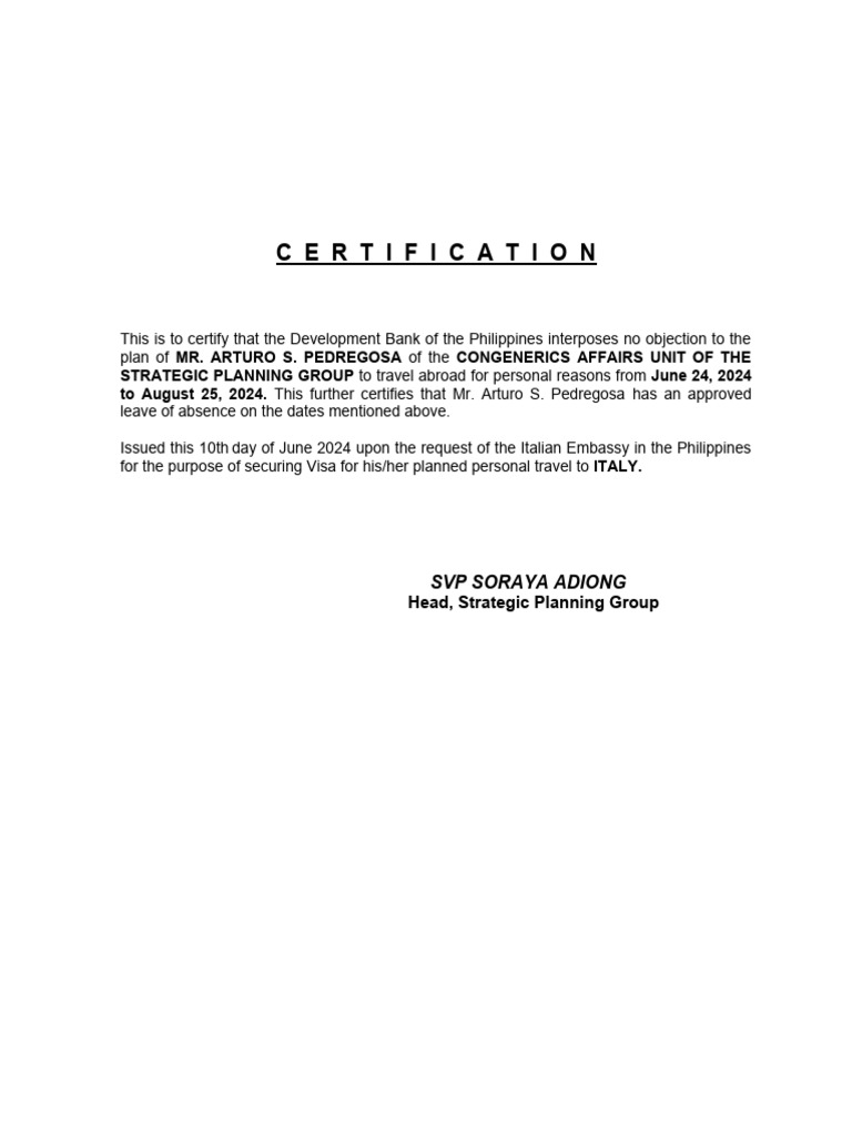 Travel Certification for Visa | PDF