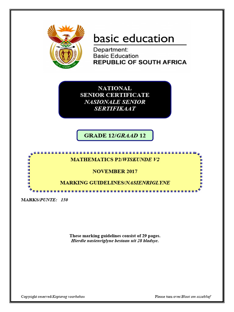 Mathematics P2 Nov 2017 Memo Afr & Eng | PDF | Mathematical Physics ...