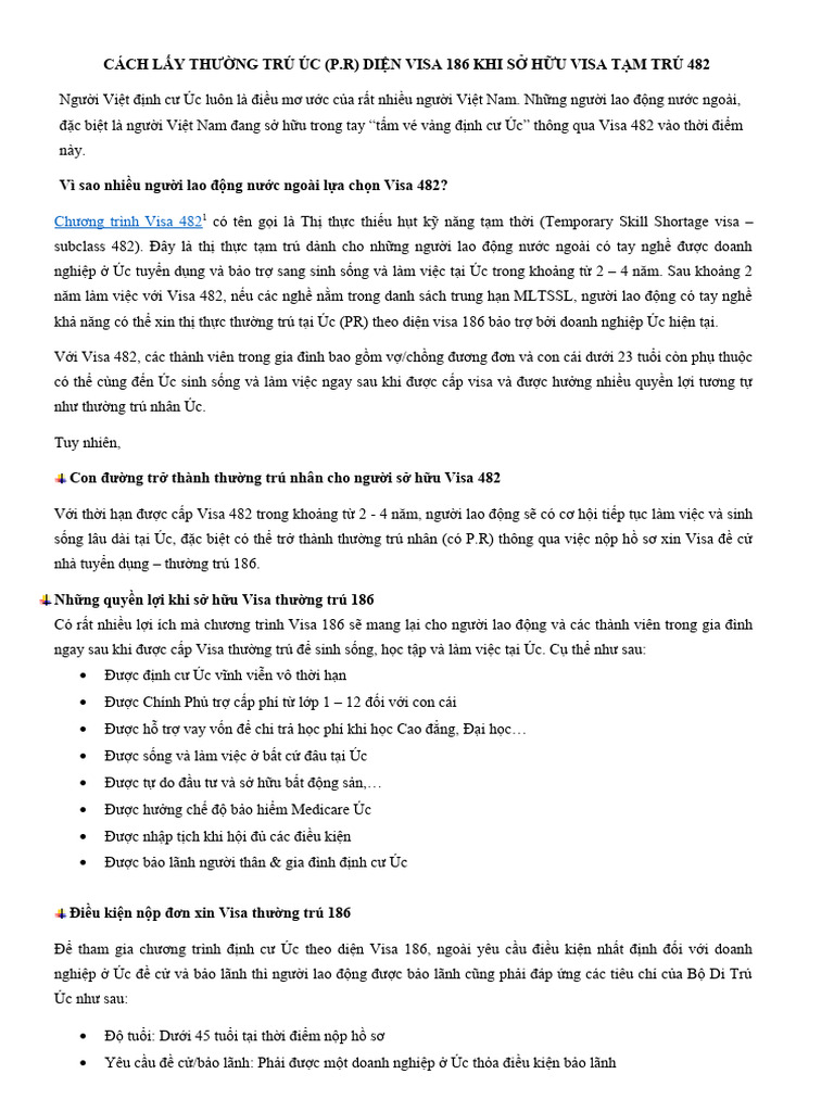 L Trình TR Thành Thư NG Trú Nhân Úc Cho Ngư I S H U Visa 482 | PDF