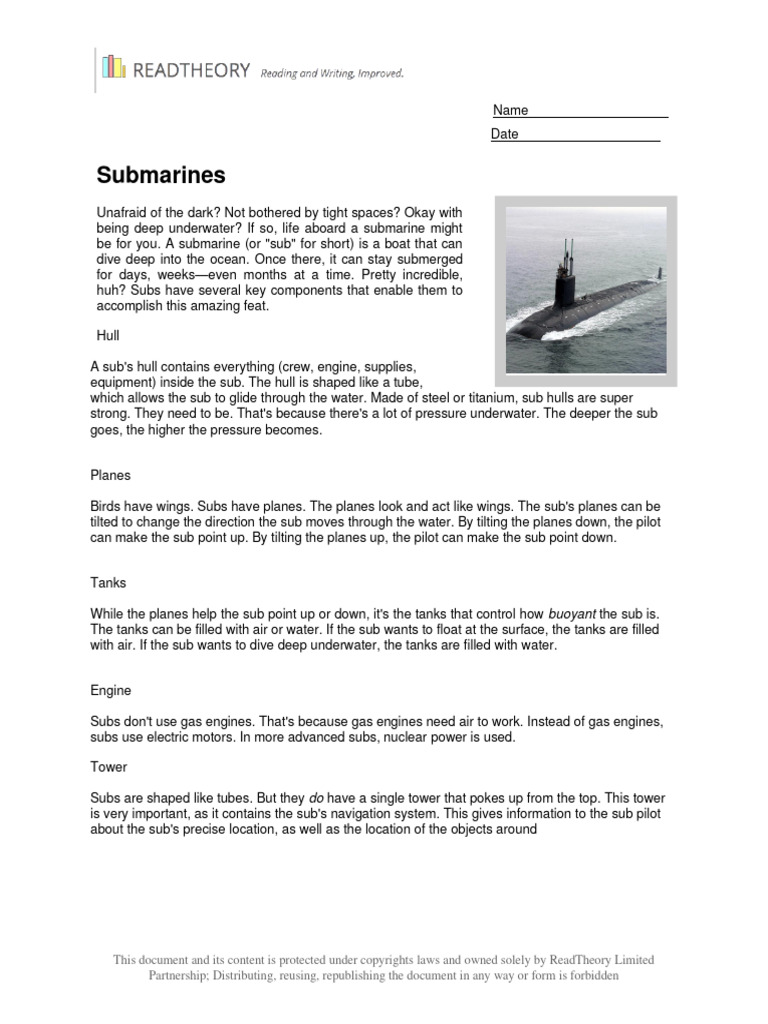 5th Grade Sub Marines Text - Questions | PDF | Submarines | Watercraft