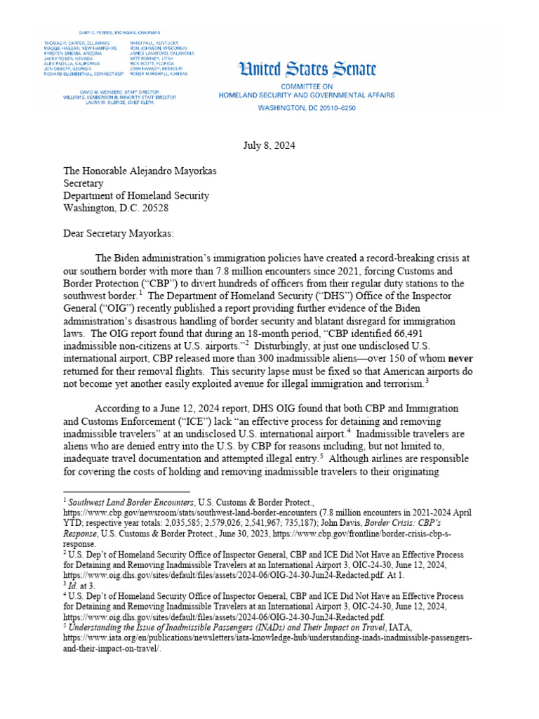 Ron Johnson Letter to Mayorkas | PDF | U.S. Customs And Border ...