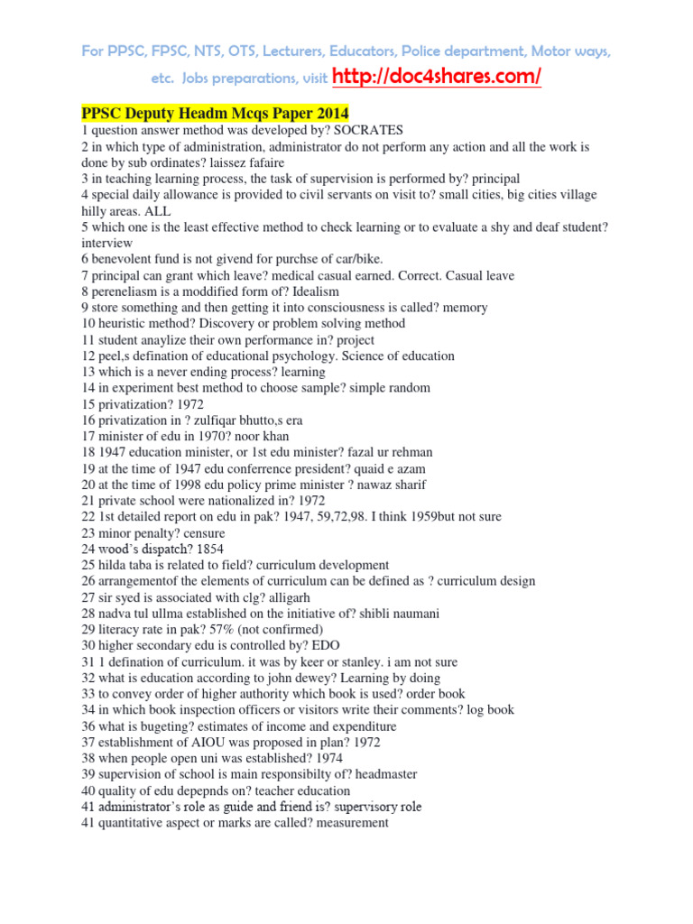 PPSC Deputy Headm Mcqs Paper 2014 | PDF | Motivational | Motivation