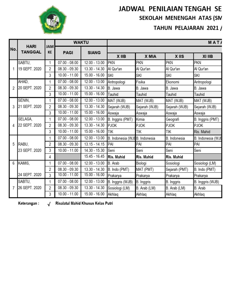 Jadwal Penilaian Tengah Semester SMA | PDF