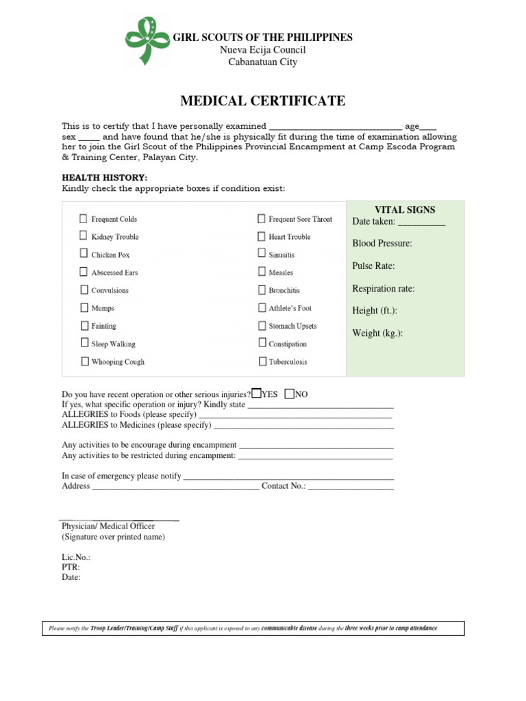 Girl Scouts Medical Certificate Form | PDF | Health Sciences | Medical ...