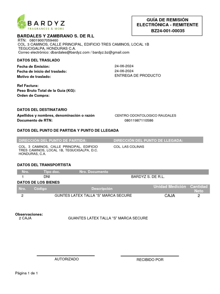 GUIA-DE-REMISION-BZ24-001-00035-ODONTOCENTRO - Guantes de Latex | PDF