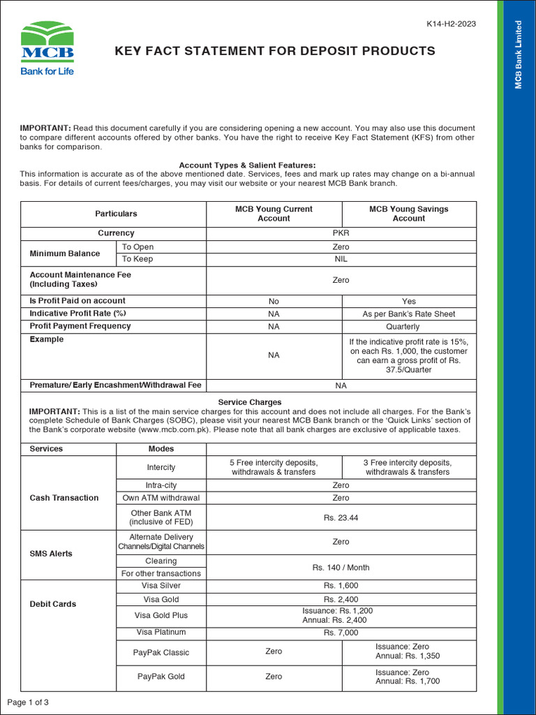 MCB Bank Account Key Fact Statement | PDF | Cheque | Banks