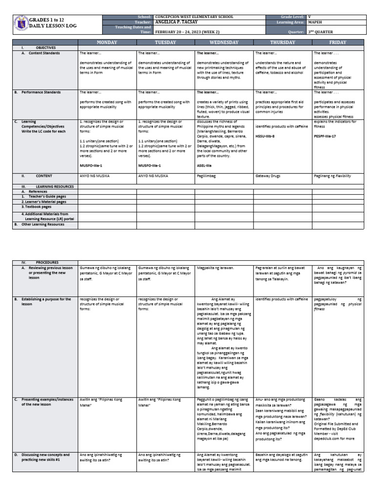 DLL - Mapeh 5 - Q3 - W2 | PDF