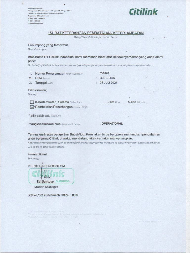 Surat Keterangan Delay or Cancelation Final (DJB CGK) | PDF