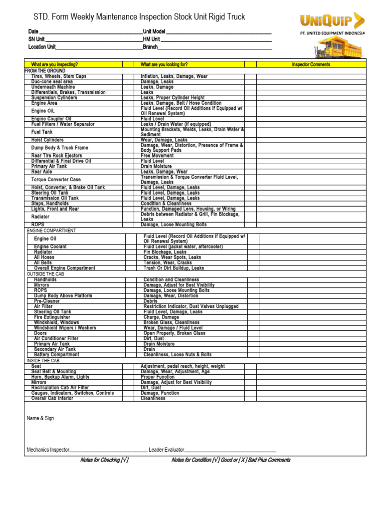 STD Uei Rigid Truck Weekly Maintenance Checklist | PDF | Leak | Truck