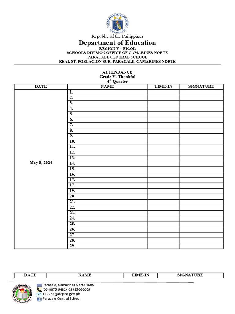 Grade V Attendance Log - Paracale Central | PDF