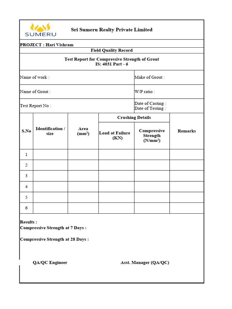 Compressive Strength Test Report for Grout | PDF | Technology & Engineering
