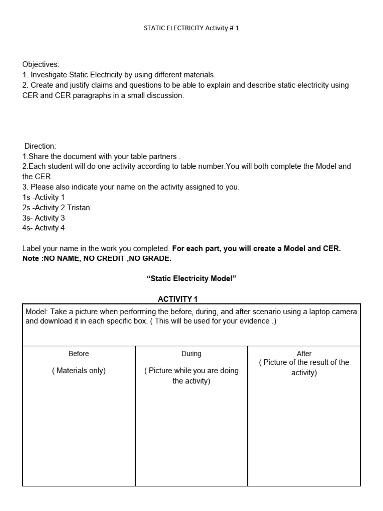 STATIC ELECTRICITY Lab, Model and CER 1 | PDF | Reason | Evidence