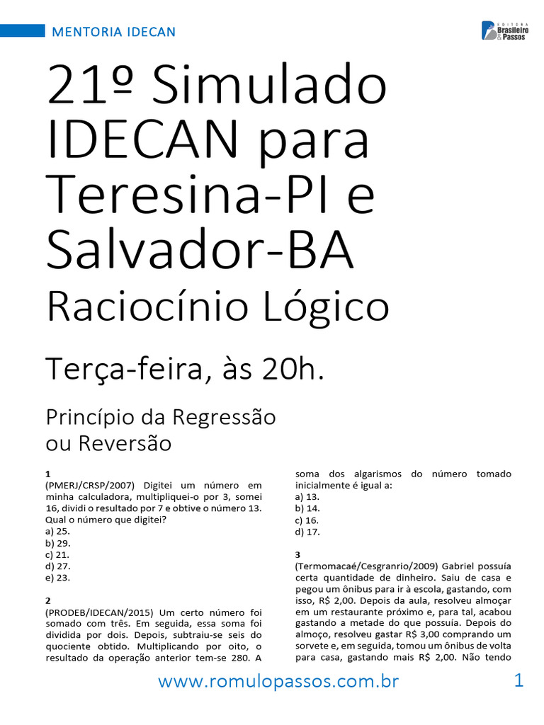 21º Simulado IDECAN (Raciocínio Lógico) | PDF | Matemática