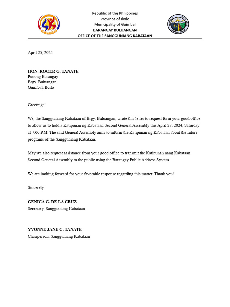 Letter for KK Assembly Punong Barangay | PDF