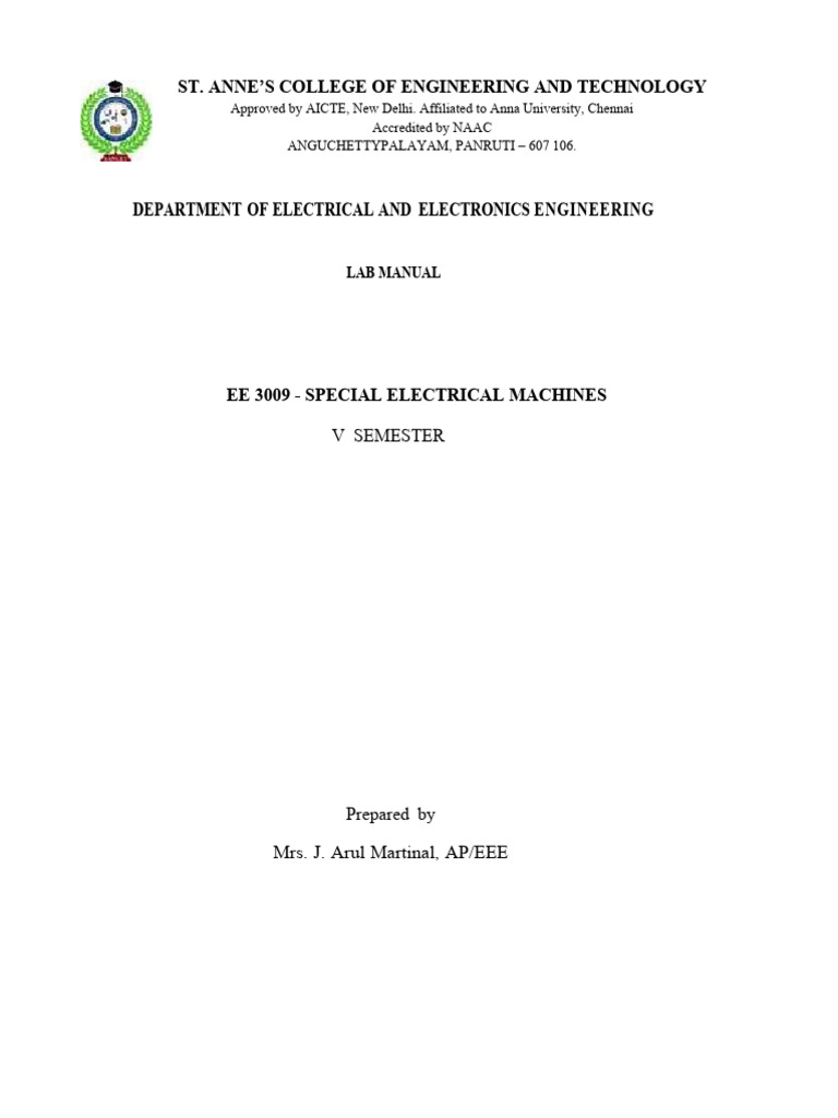 EE3009 Special Electrical Machines Lab Manual | PDF | Electric Motor ...