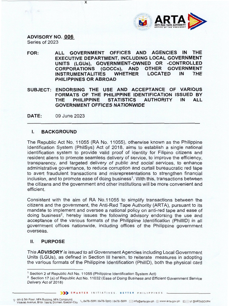 ARTA Advisory on Philippine ID Acceptance | PDF | Identity Document ...