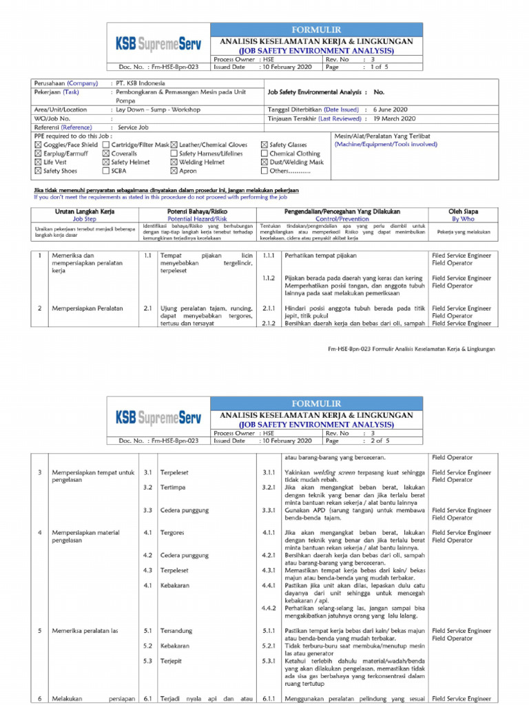 03 JSA Pembongkaran Dan Pemasangan Mesin Pada Unit Pump | PDF