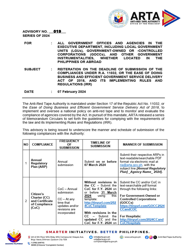 ARTA ADVISORY No. 19 Series of 2024 - Reiteration On Compliances of ...