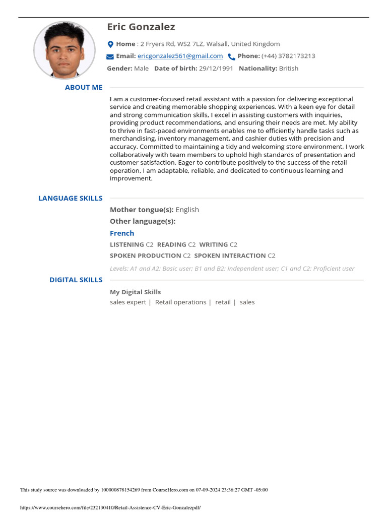 Retail Assistence CV Eric Gonzalez PDF | PDF | Human Communication