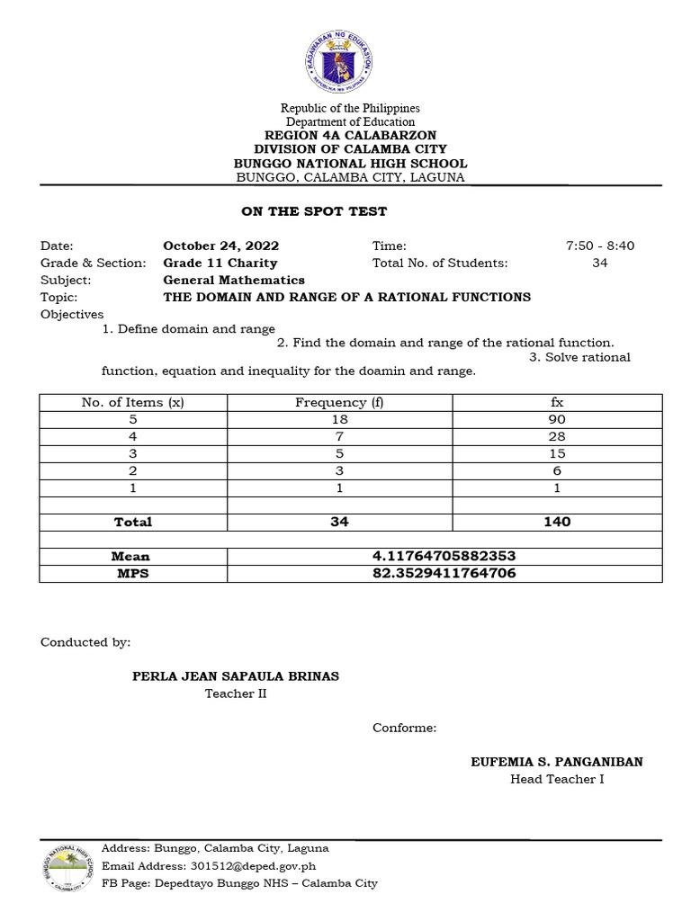 1st Quarter - On The Spot Test - September | PDF | Function (Mathematics) | Mathematical Concepts