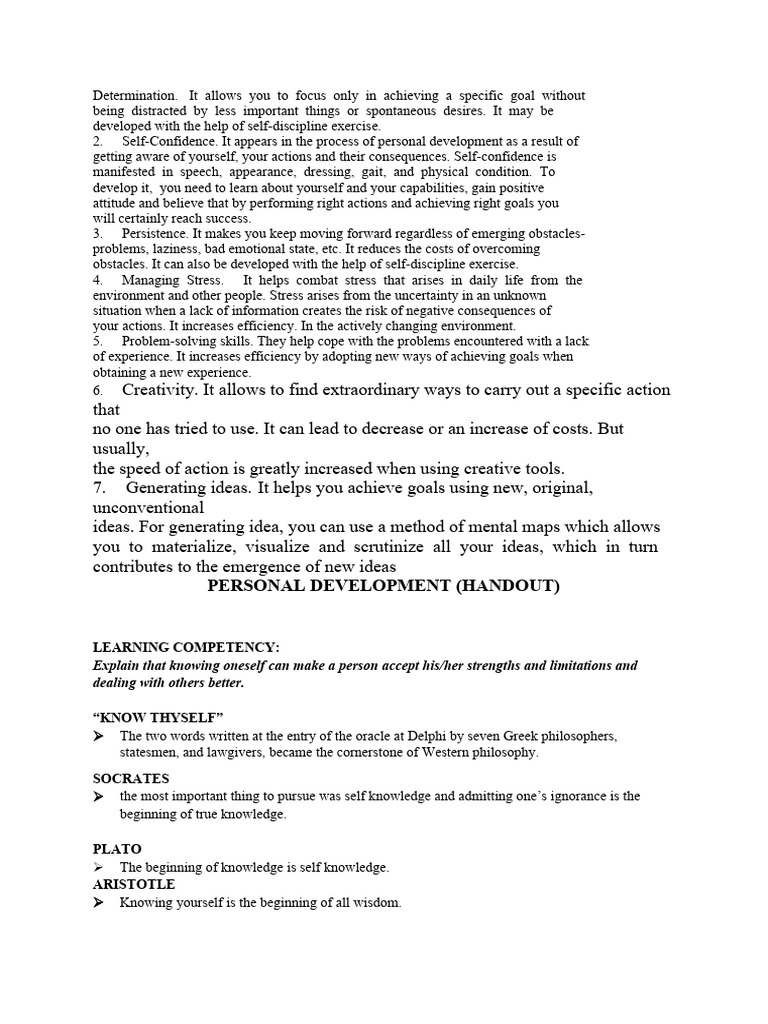 HANDOUT Personal Development | PDF | Anxiety | Philosophy Of Self