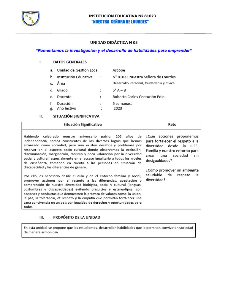 Unidad Didáctica N°5 DPCC 5° A - B | PDF | Aprendizaje | Invalidez