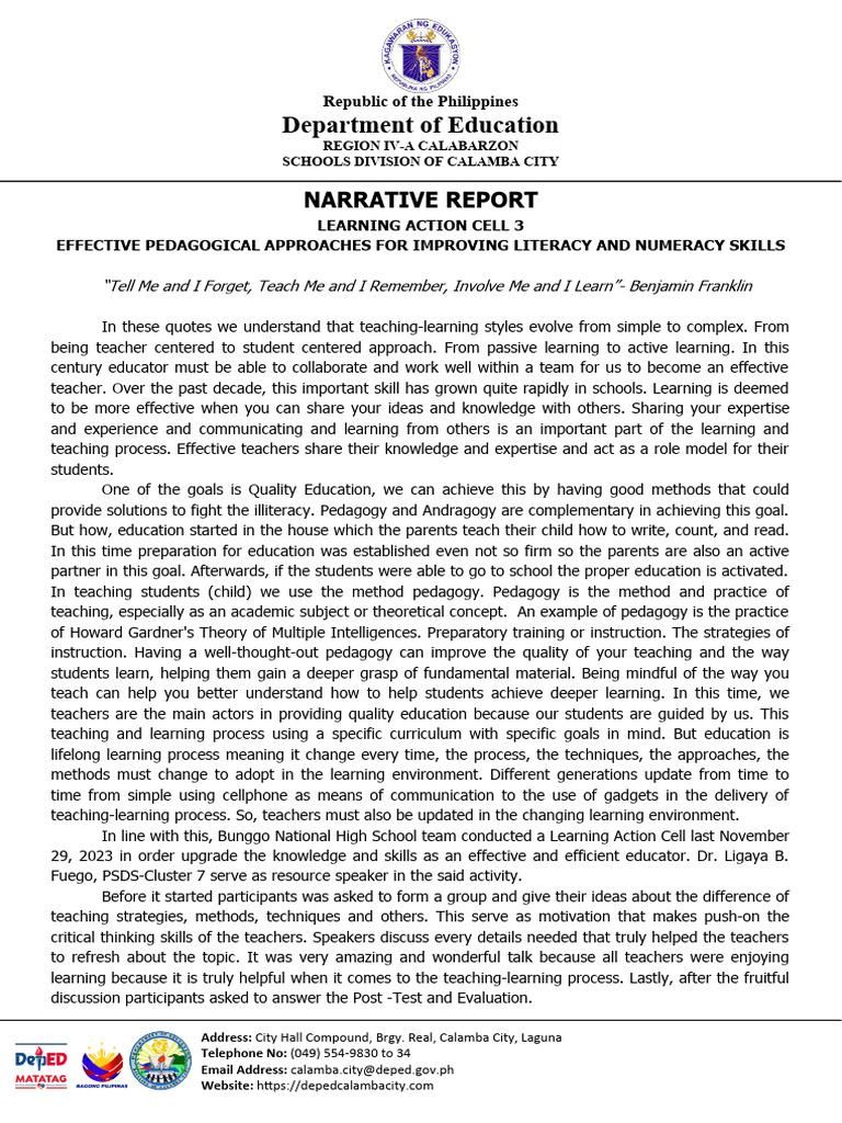 LAC 3 Narrative Report | Download Free PDF | Pedagogy | Teachers