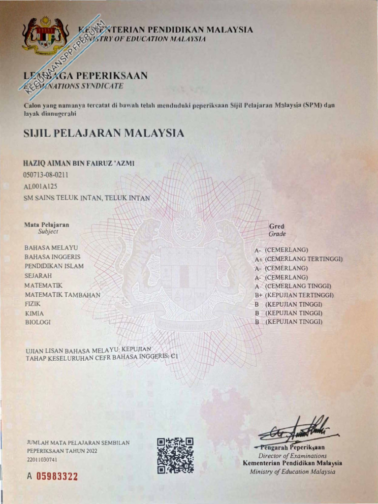 Haziq Aiman Bin Fairuz Azmi - Sijil SPM | PDF Haziq Aiman Bin Fairuz Azmi - Sijil SPM | PDF