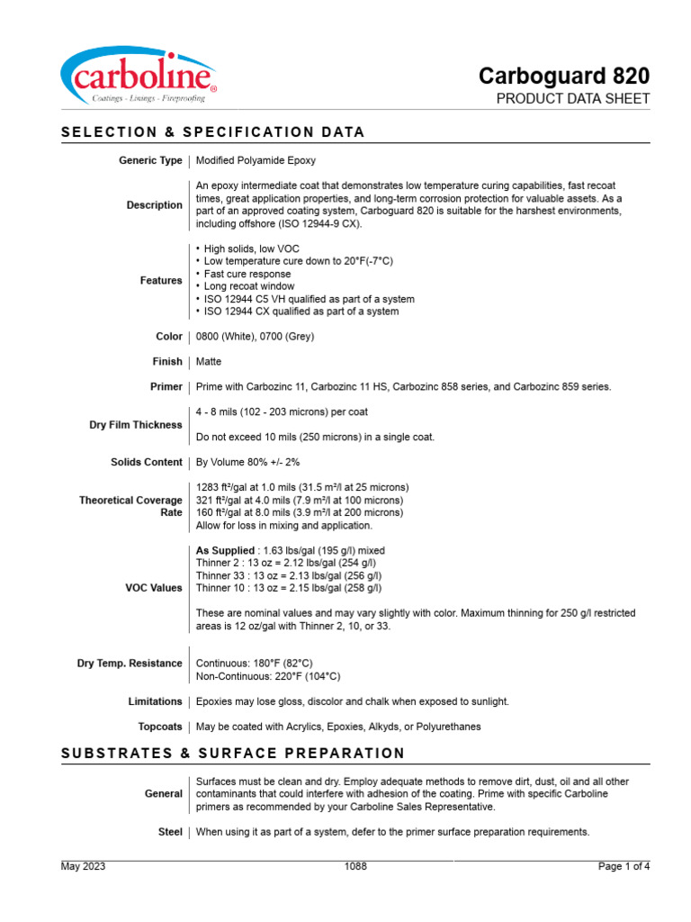 Carboguard 820 PDS | PDF | Humidity | Epoxy
