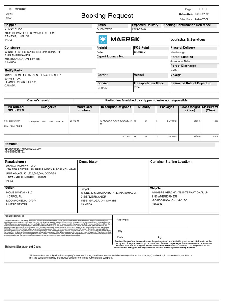 96PC Booking | PDF | Bill Of Lading | Cargo