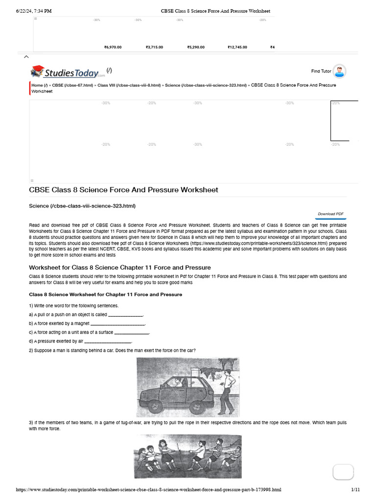 CBSE Class 8 Science Force and Pressure Worksheet | PDF | Force | Pressure