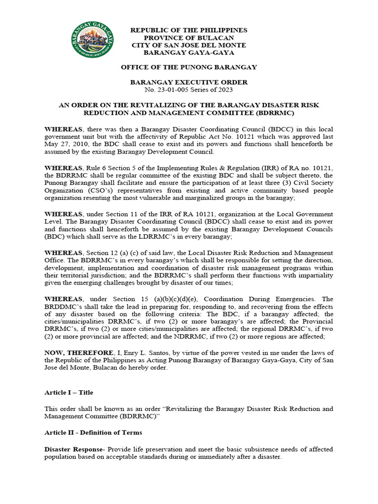 5 - BDRRMC-Executive-Order | PDF | Emergency Evacuation | Emergency