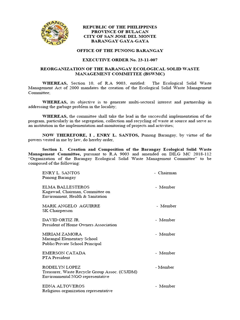 7 - BESWMC-Executive-Order | PDF | Waste Management | Municipal Solid Waste
