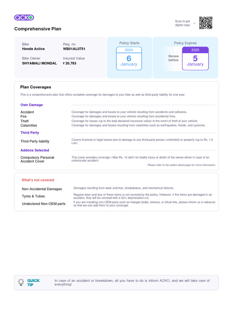 Acko Bike Policy - DBCR01151698019 - 00 | PDF | Insurance | Motorcycle
