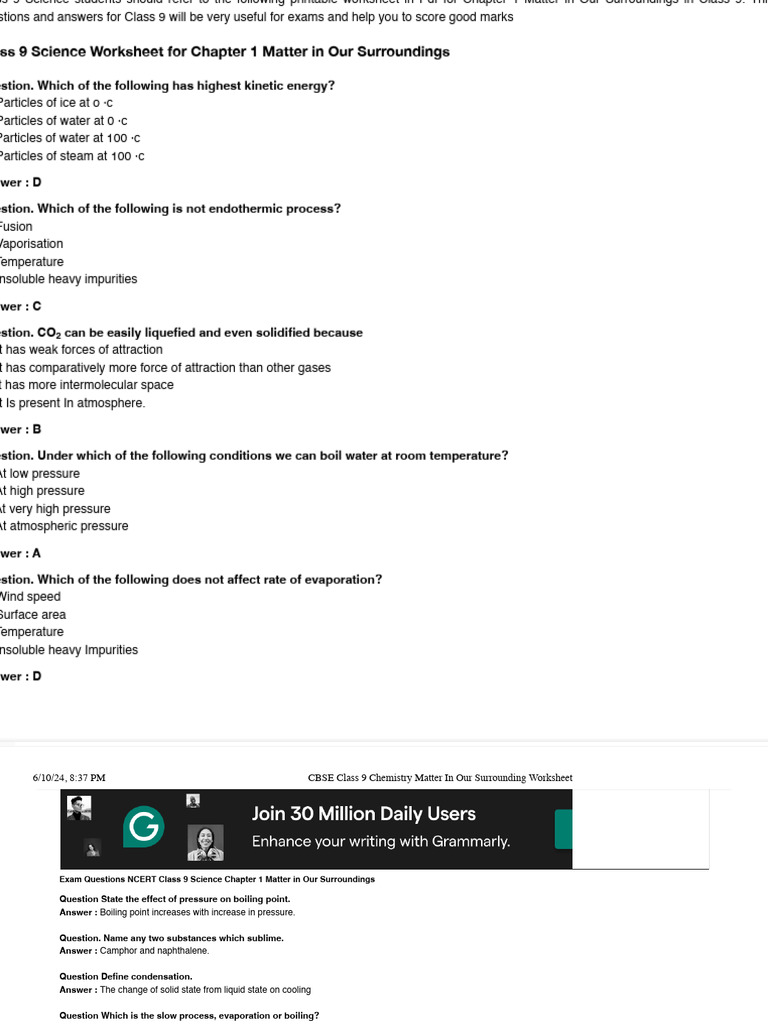 Cbse Class 9 Chemistry Matter In Our Surrounding Worksheet Pdf