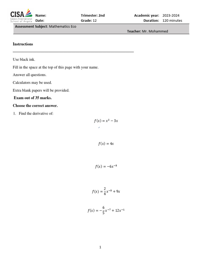 G12 Mathematics Exam 2 | PDF